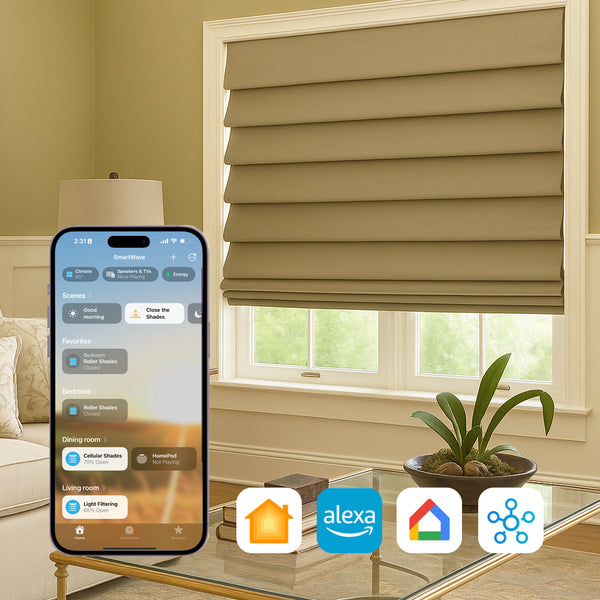 SmartWave Motorized Soft Fold / Hobbled Roman Shades 100% Blackout Har