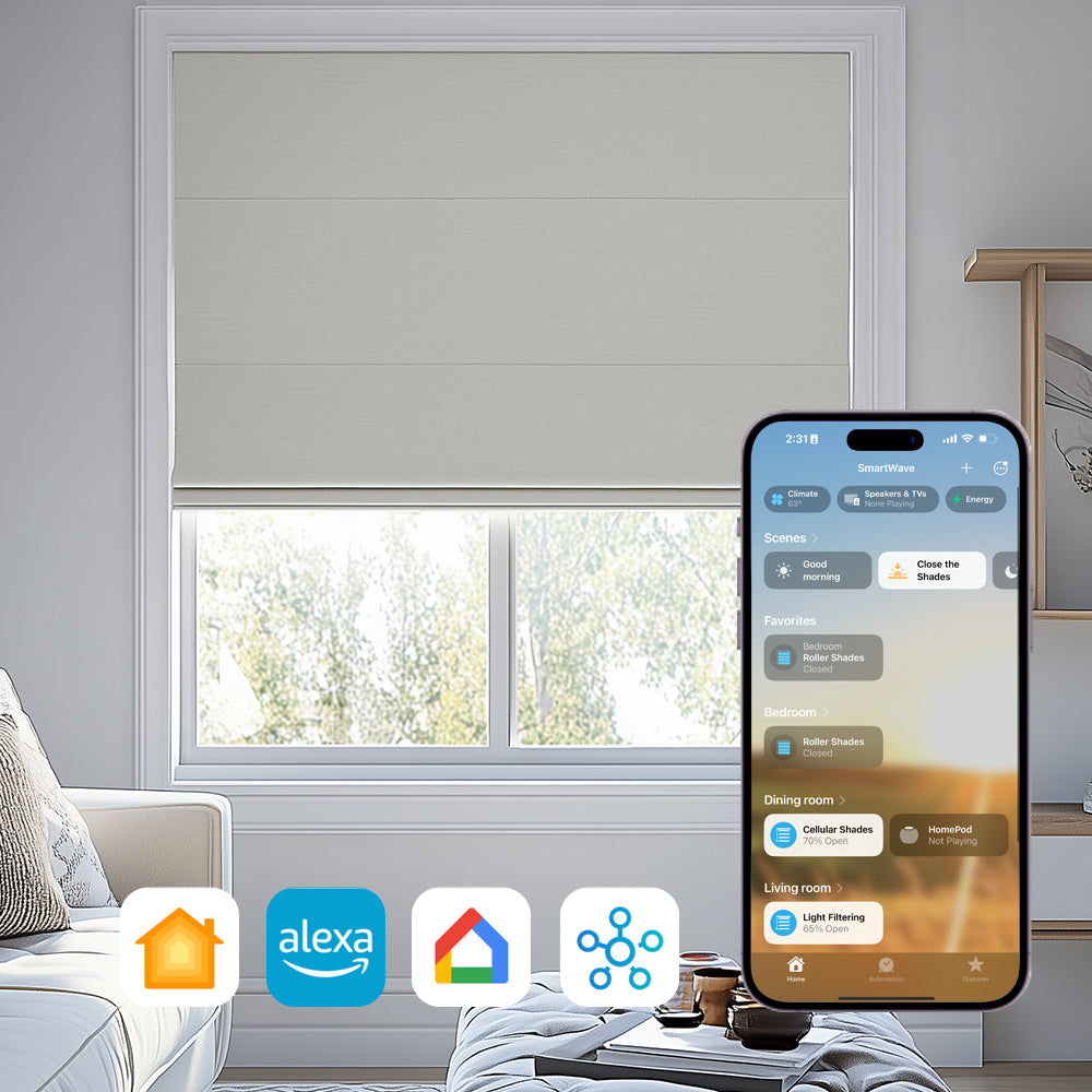 SmartWave Motorized Cordless Roman Shades 100% Blackout Graceful